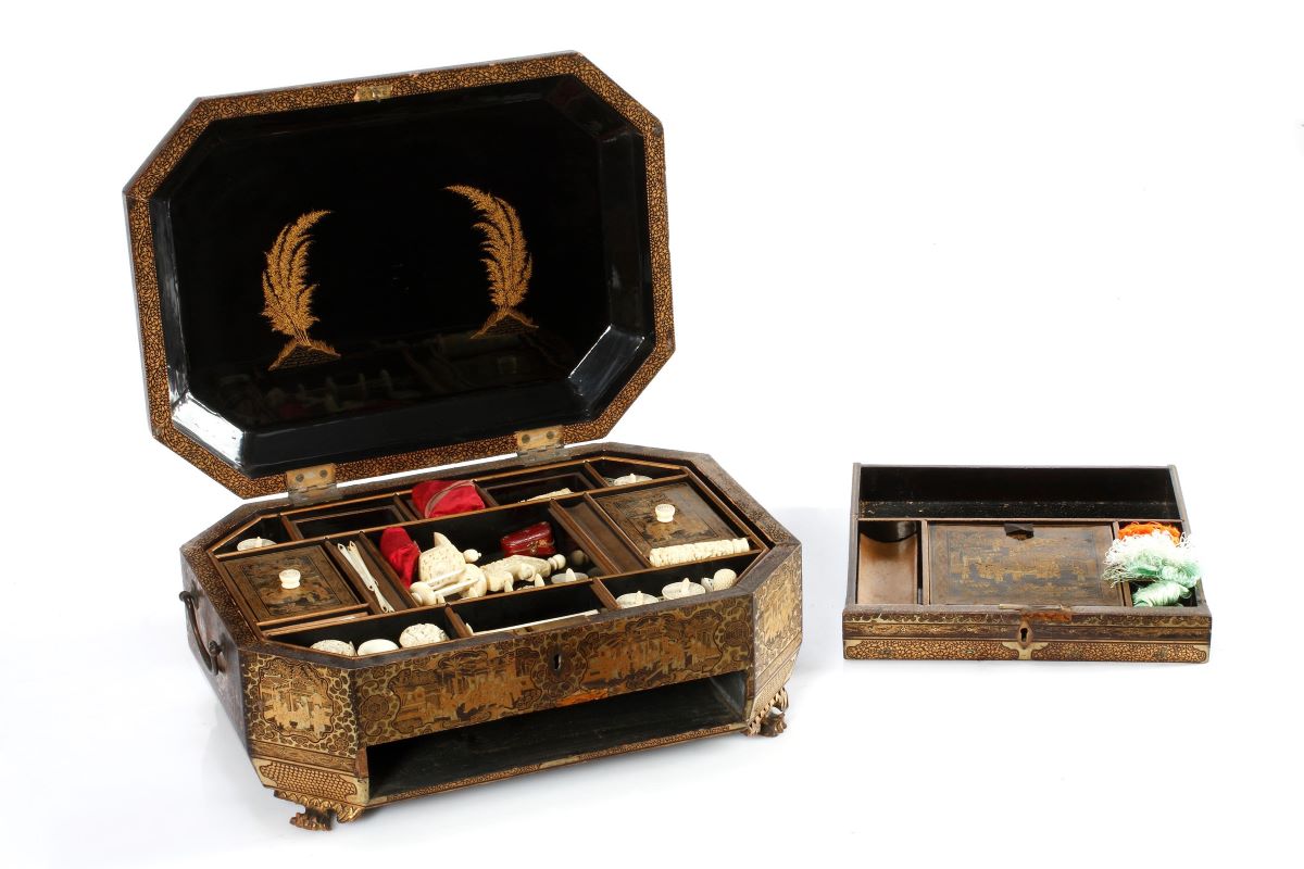 A Chinese Export black lacquer sewing box, 19th century (open) - The ...