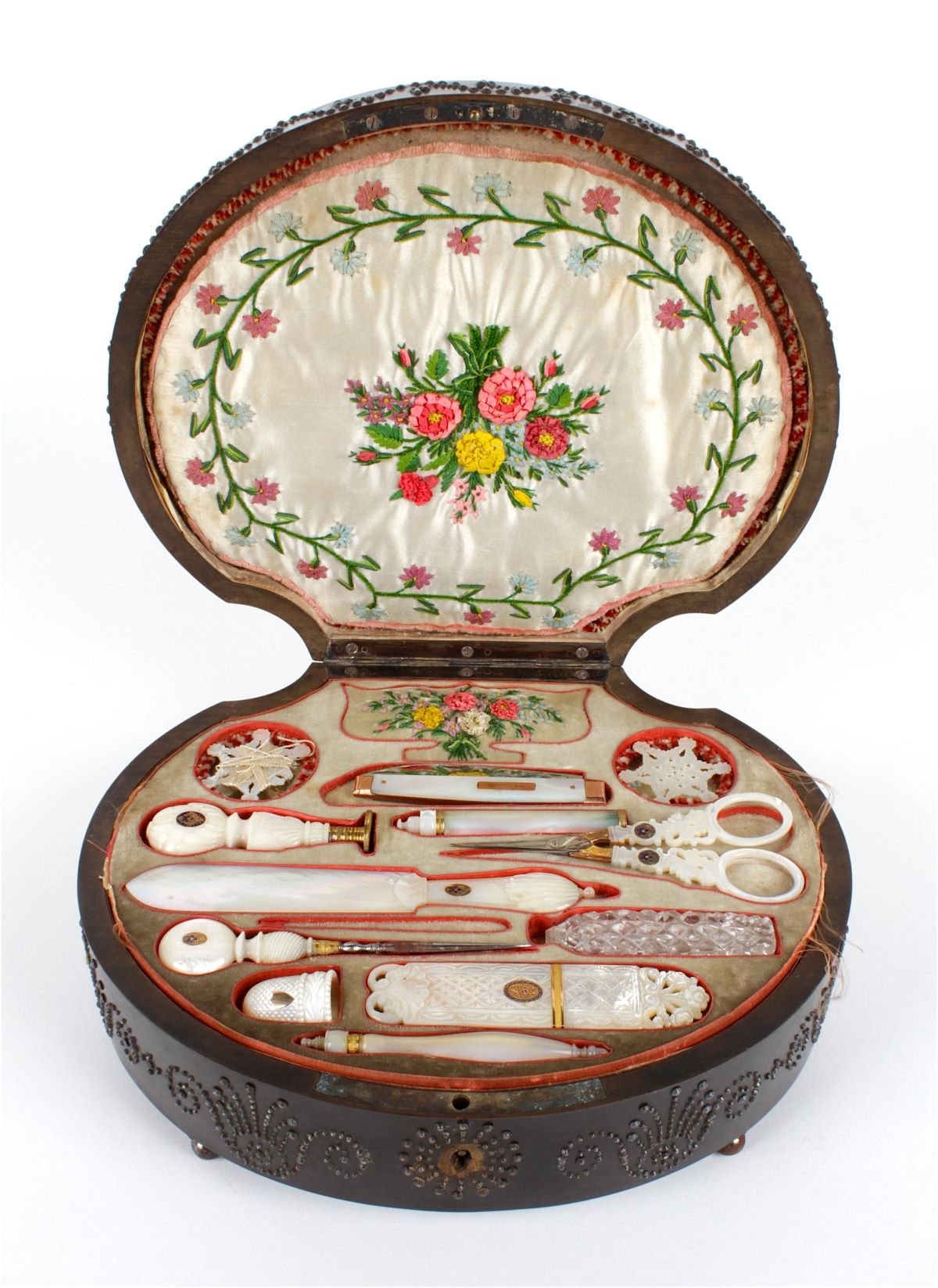 An early 19th century Palais Royal musical sewing box of scallop shell ...